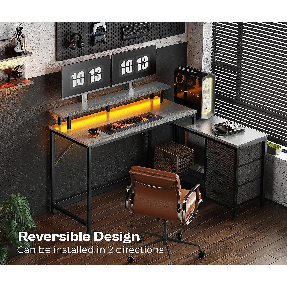 Huuger Reversible L Shaped Computer Desk with Drawers, Gaming Desk with LED Lights and Power Outlets, Office Desk with Storage Shelves, Corner Desk with Monitor Stand, for Home & Office, Gray