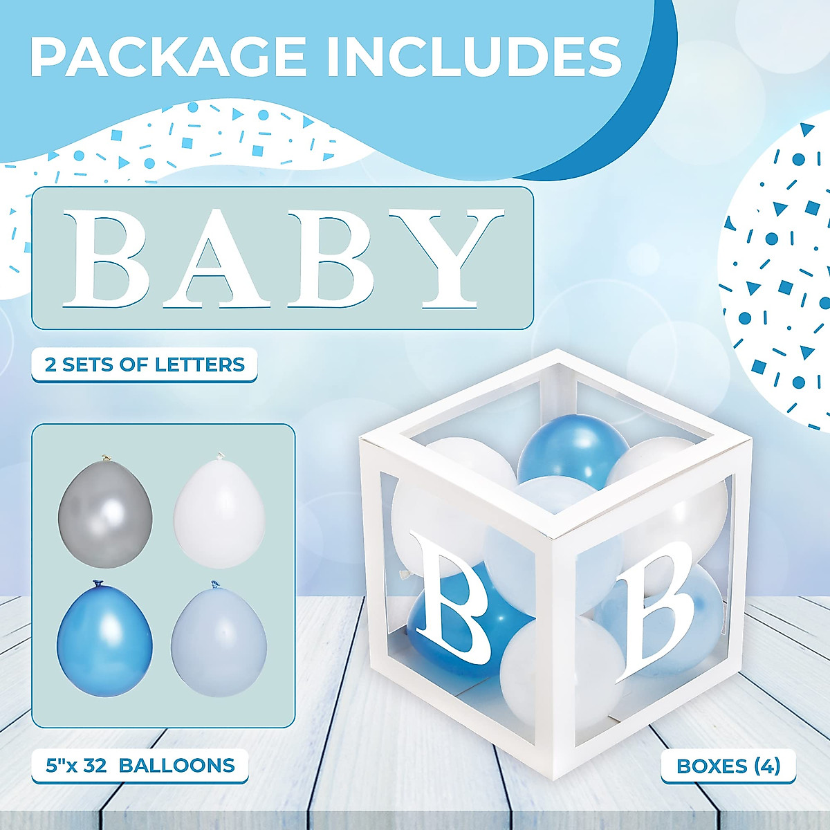Baby Boxes with Letters for Baby Shower - Baby Shower Decorations of 44 pcs, 32 Blue Silver White Balloons, 4 White Blocks, 8 Letters, Perfect Party Decor