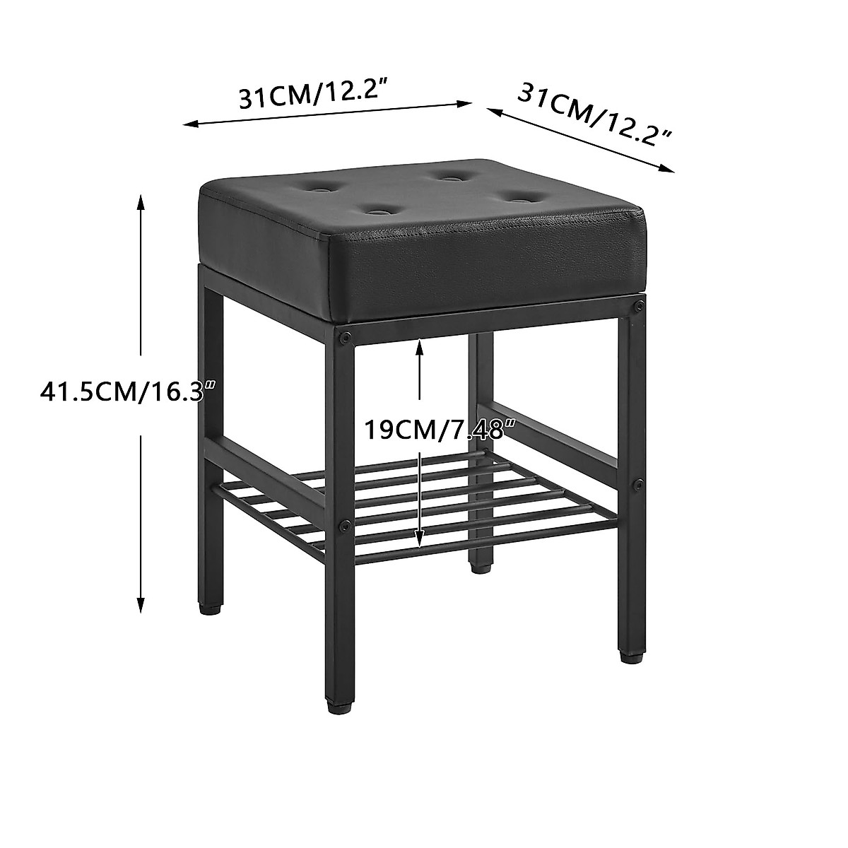 IBUYKE Square Makeup Stool with Adjustable Feet and Storage Space, Footrest Stool, PU Seat Vanity Stool, Multi-Use as Small Side Table or Ottoman, for Bedroom, Black LG-60B