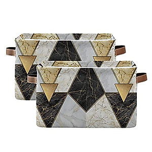 Modern Marbling Gold Black White Marble Geometric Triangle Granite 1 PC Rectangle Storage Basket Collapsible Fabric with Leather Handles Bag Organizer Clothes for Home Bedroom 15 x 11 x 9.5 in