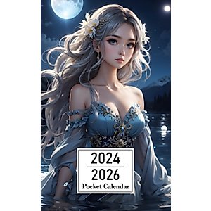 Pocket Calendar 2024-2026: Two-Year Monthly Planner for Purse , 36 Months from January 2024 to December 2026 | Anime girl | Shimmering moonlit lake | Celestial gown