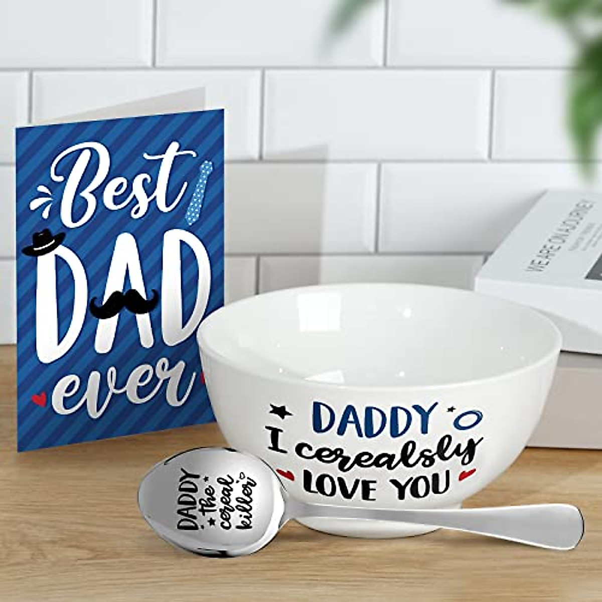 Father's Gift Dad Cereal Bowl and Cereal Killer Spoon Set with Best Dad Ever Greeting Card Set of 3 Birthday Engraved Box Basket Cerealsly Love You Daddy Christmas Present from Daughter Son Ice Cream