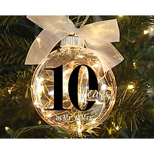 10th Wedding Anniversary Lighted Christmas Ornament with Timer, 10 Years as Mr & Mrs, Gift for Married Couple, Transparent Disc-Shaped with LED Fairy Lights, Battery Operated (10th Anniversary)