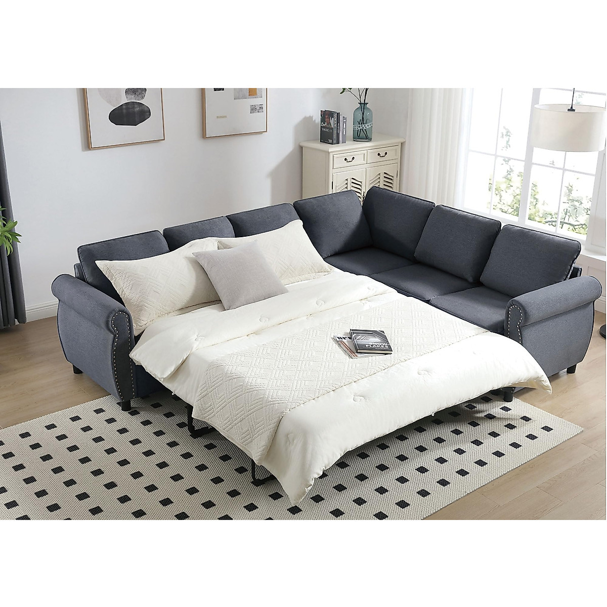 Plococo Sleeper Sofa with Queen Mattress, 2 in 1 Pull Out Couch Bed,6 Seater Sofa Bed, L Shaped Sleeper Sectional Sofa Couch,Riveted Sofa,104'' Large Combined Sofa in Living Room (Gray)