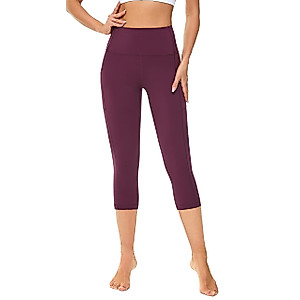 Sugar Pocket Women's High Waist Yoga Pants with Pockets?Workout Running Yoga Leggings for Women M, Dark Red Capri