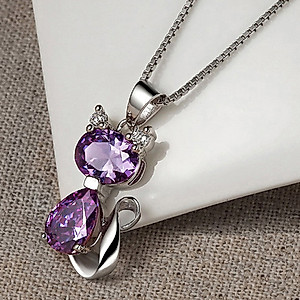 DreamsEden Cat Necklace, 18'' Silver Box Chain Women's Amethyst Cat Pendant Jewelry, Purple (Gift Box & Greeting Card)