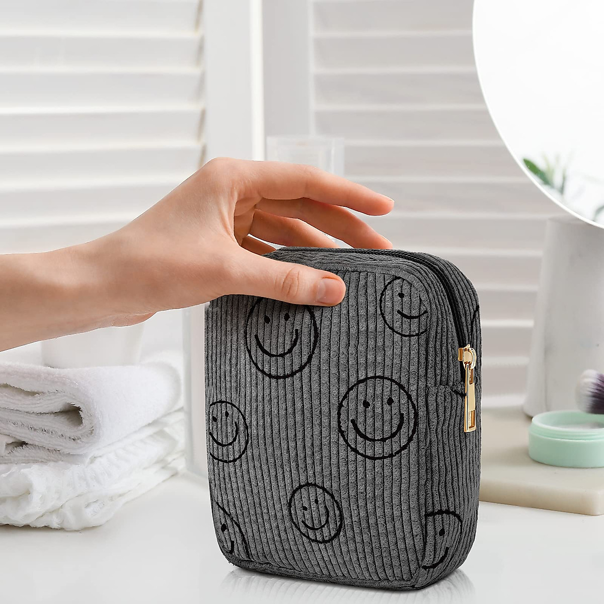 Photect 3 Pcs Corduroy Cosmetic Bag Smile Face Aesthetic Preppy Pouch Travel Makeup Bags for Christmas Women Holiday Organizer Gifts(Stylish,White, Gray, Yellow)