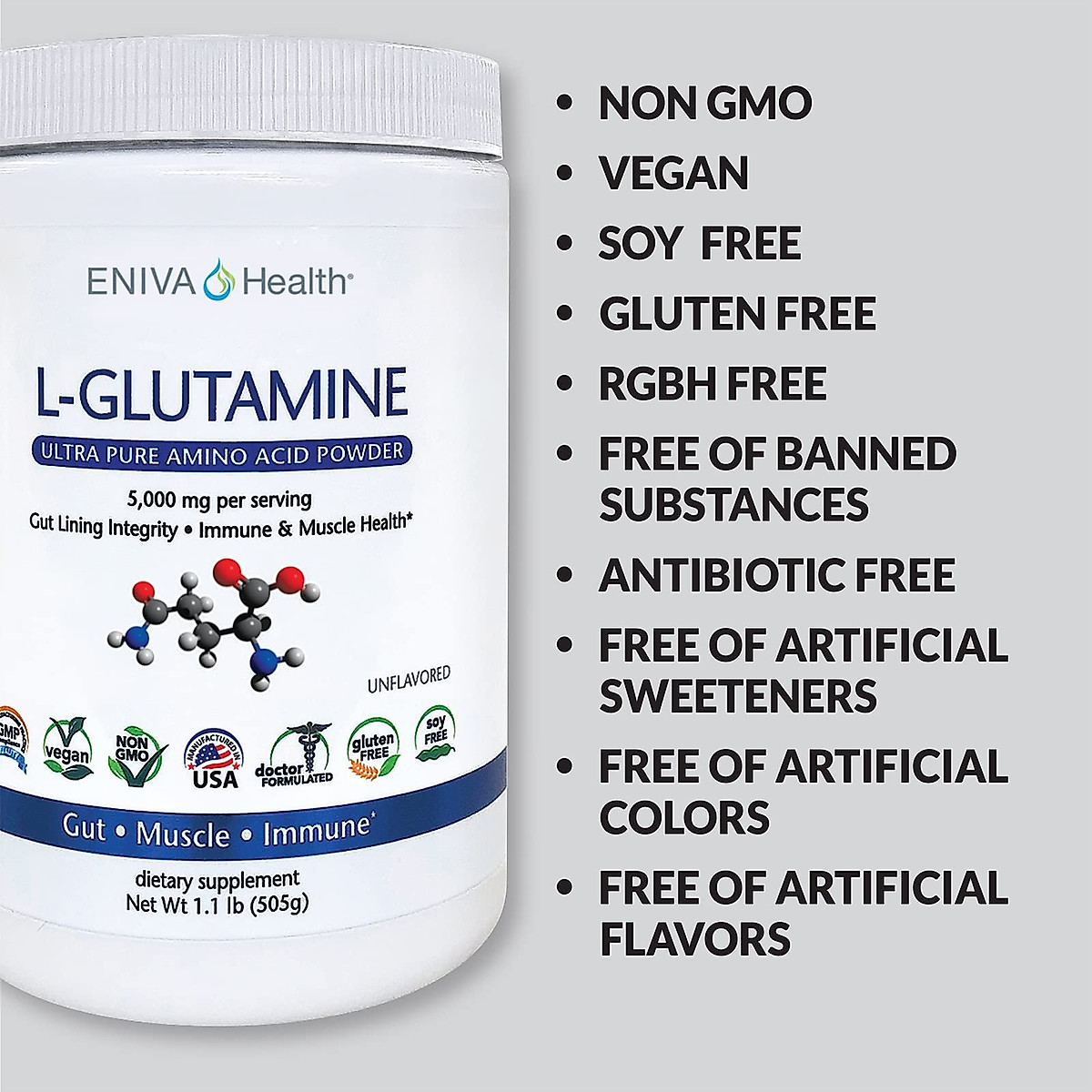 Eniva Health L-Glutamine Pure Powder, Unflavored (101 Servings) | Vegan, Gluten-Free, Sugar-Free, Non-GMO | Doctor-Formulated, USA Made | Gut Health, Leaky Gut, Bloating, Muscle Health, Immune System