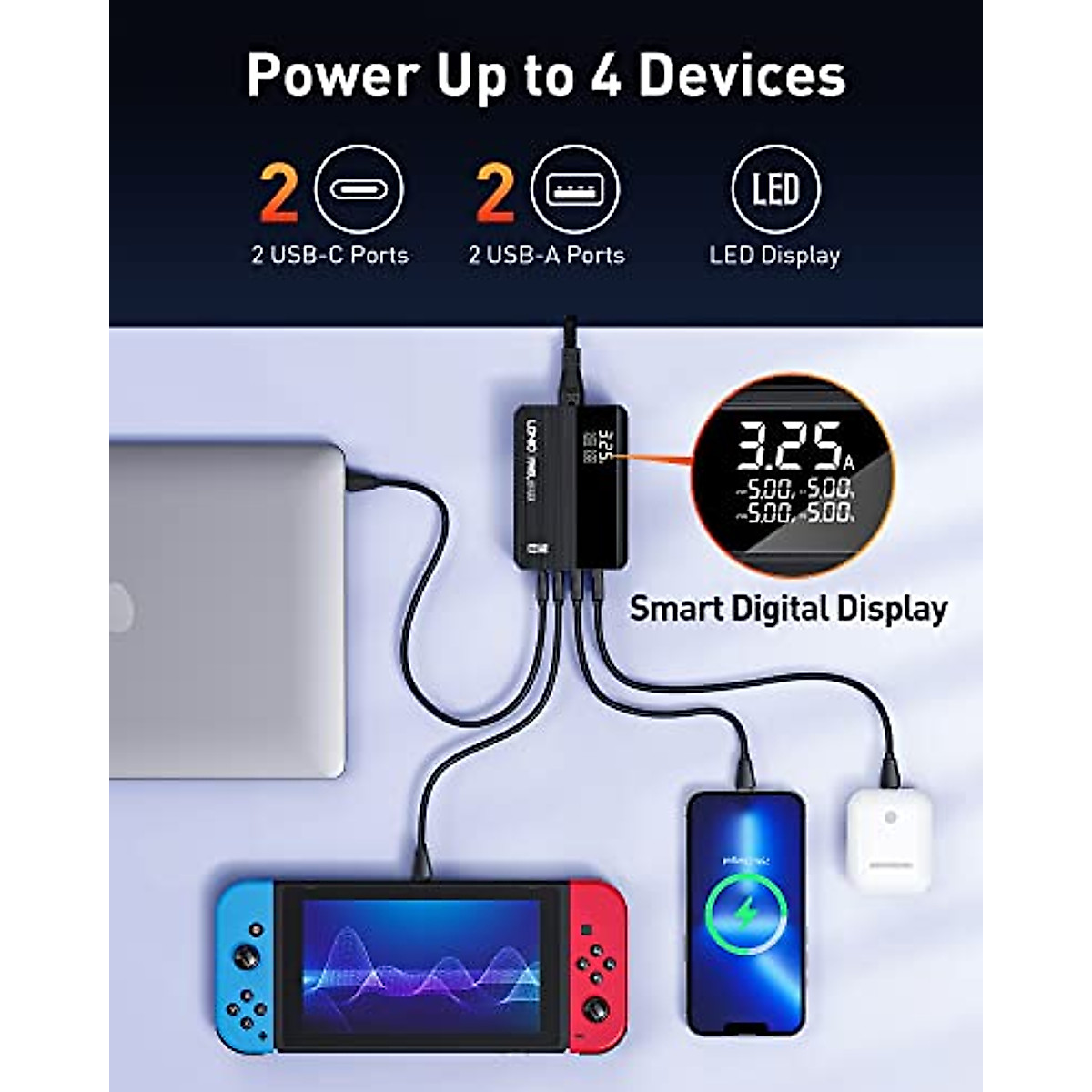 USB C Charger, LDNIO 100W PD Fast GaN Charger with LED Display, 4-Port USB C Charging Station with 2USB-C, 2USB for MacBook Pro/Air, iPad, Laptops, iPhone, Samsung Galaxy, Steam Deck and More