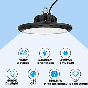 PATHBREAKER LED High Bay Light 150W UFO High Bay LED Light with UL Approved 6'Cable & Plug 22500LM 5000K 600W MH/HPS Replacement Commercial Warehouse Garage Barn Factory Shop Light