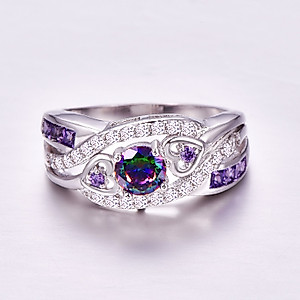 Veunora Gorgeous Silver Plated 5x5mm Created Rainbow Topaz and Amethyst Cubic Zirconia Filled Heart Twisted Ring Band Christmas Gift for Women Ladies Girls Size 8