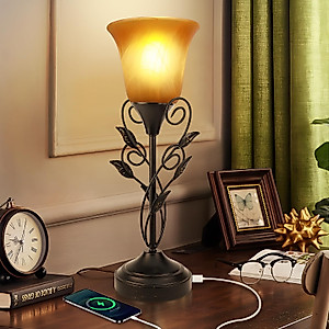 Touch Table Lamps for Bedroom, Bedside Lamps with USB Ports, 3-Way Dimmable Decorative Nightstand Lamp Rustic Leaf Torchiere Glass Flower Lamp for Living Room Dresser (Bulbs Included)