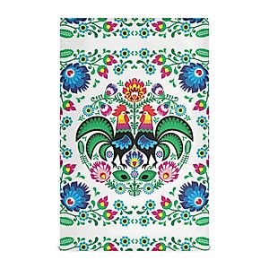 Polish Floral Rooster Folk Art Colorful On White Set of 1 Polyester Kitchen Dish Towel, Dishtowels Waffle Dishcloths, Hemmed Napkin Towel, Hand Bar Tea Towels with Hanging Loop