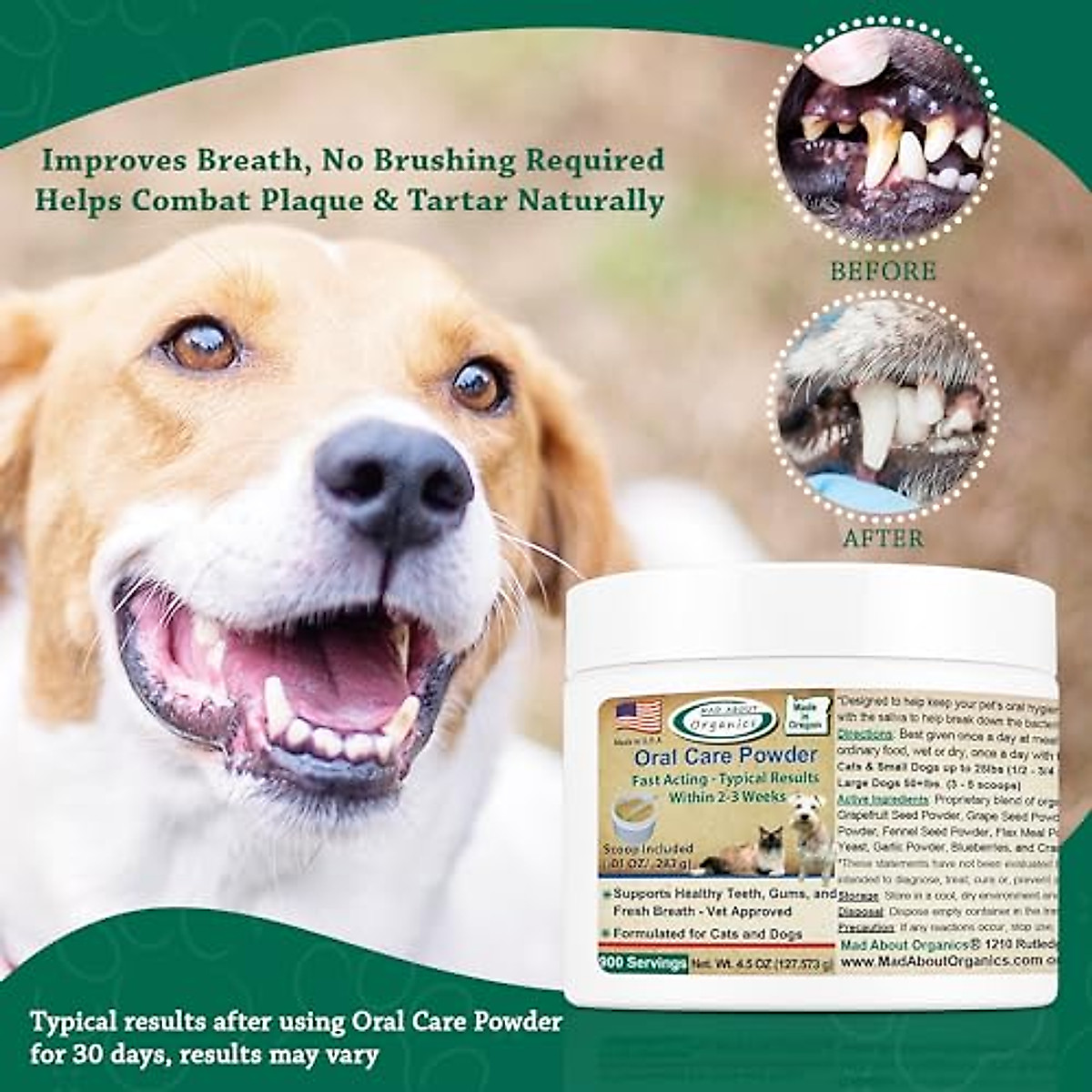 Mad About Organics Dog Dental Care Powder – 900 Servings, Large Size – Tartar and Plaque Remover, Pet Dental Cleaning Powder for Oral Hygiene and Fresh Breath, Teeth Cleaner and Canine Tooth Powder