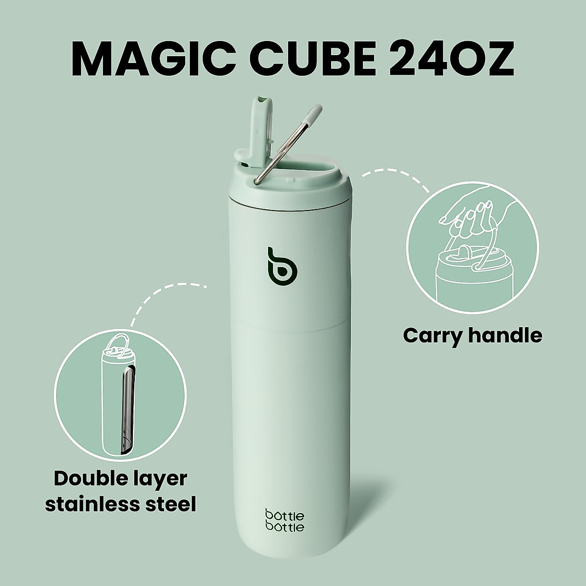 BOTTLE BOTTLE Insulated Water Bottle 24oz with Straw Lid and Handle for Sports Travel Gym Stainless Steel Water Bottles Double-Wall Vacuum Metal Thermos Bottles Leak Proof BPA-Free (Light Green)