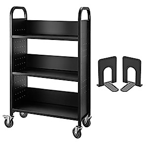 VEVOR Book Cart, 200lbs Library Cart, 30x14x49 Inch Rolling Book Cart Single Sided L-Shaped Flat Shelves with 4 Inch Lockable Wheels for Home Shelves Office and School Book Truck in Black