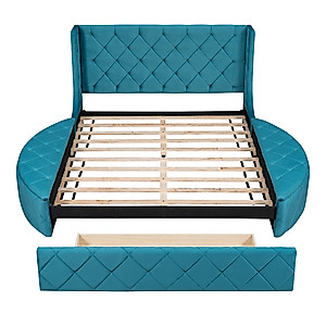 Velvet Queen Storage Bed Frame, Deluxe Upholstered Platform Bed with Wingback Headboard and 1 Big Drawer, 2 Side Storage Stool, No Box Spring Needed/ Easy Assembly (Queen Size, Blue)