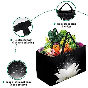 KQNZT Reusable Grocery Bags, Heavy Duty Reusable Shopping Bags, Large Tote Bags with Long Handles and Reinforced Bottom, White Lotus Art