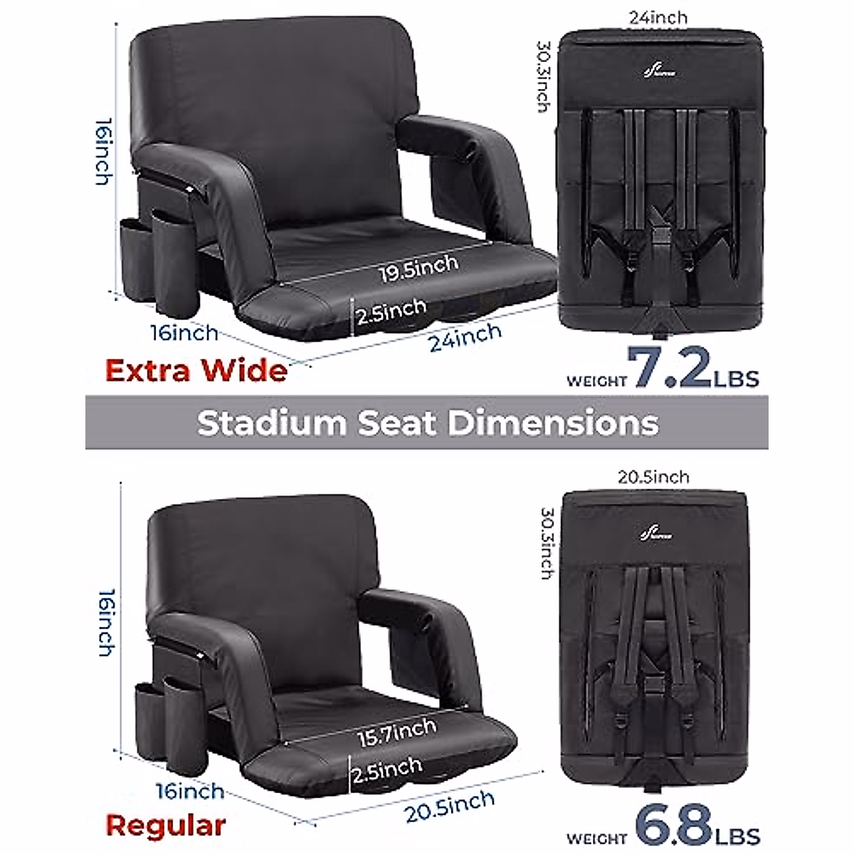 Sportneer Extra Wide Stadium Seats with Back Support, 2 Pack Bleacher Seats with Back and Cushion Wide Padded Stadium Chair with Armrests 6 Reclining Positions Bleacher Chair for Sport Events Camping
