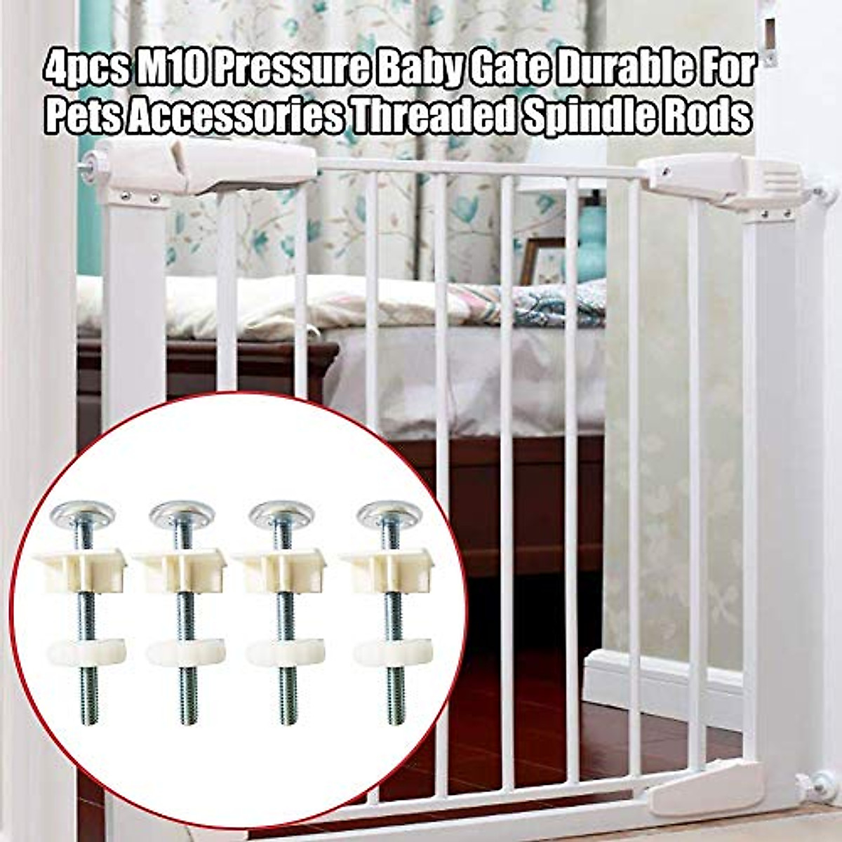 CALIDAKA 4 Pack 10MM Baby Gate Threaded Spindle Rod, M10 Spindle Rods Gate Spindle Rods Accessory Pressure Gate Replacement Parts Screw Mounted Bolts Kit for Gate/Stair Railing Safety Gate