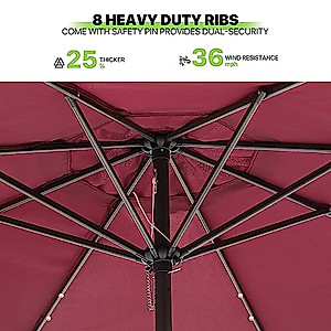 Magshion 9FT Solar Patio Umbrella with 32 LED Lights, Outdoor Market Umbrella with 8 Steel Ribs & Crank Lift, Windproof Sunshade for Garden, Deck, Backyard & Pool (Burgundy)