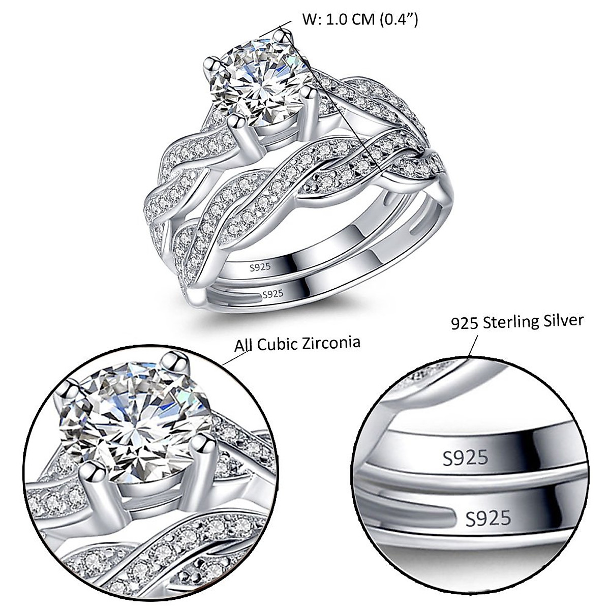 MABELLA 925 Solid Sterling Silver Matching Bridal Set Wedding Engagement Rings Clear Round Cubic Zirconia Eternity Ring for Women Size 9
