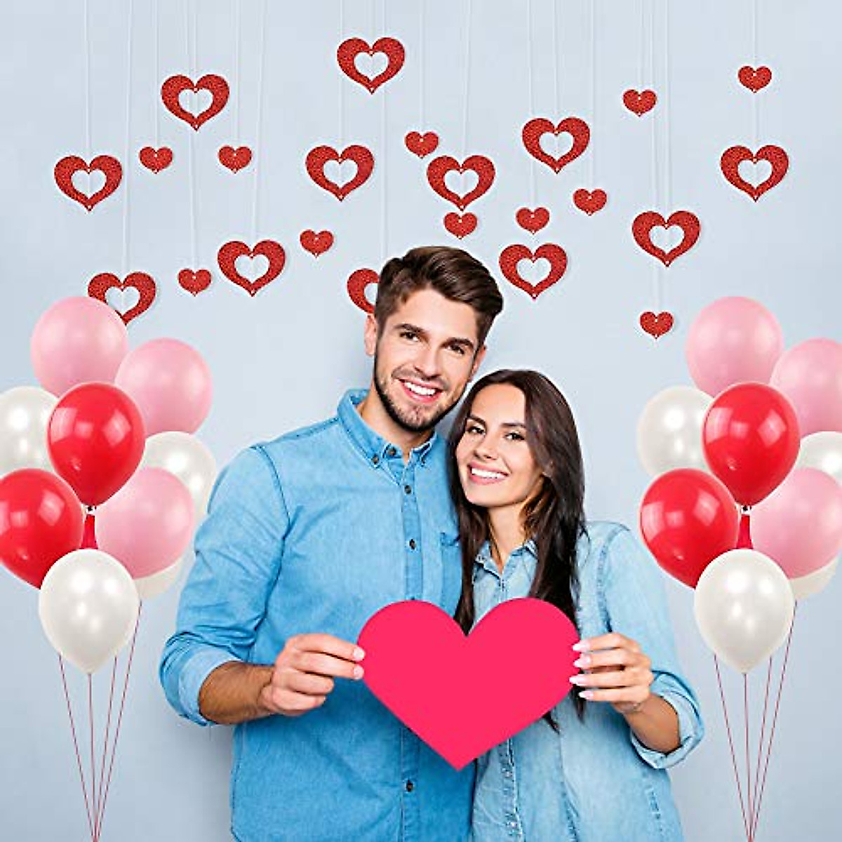 100PCS Valentines Day Red Pink White Balloons Hanging Swirls Kit, 12in Balloon Valentine's Day Wedding Bling Heart Ceiling Hanging Streamers for Sweetheart Wedding Bridal Shower Anniversary Engagement