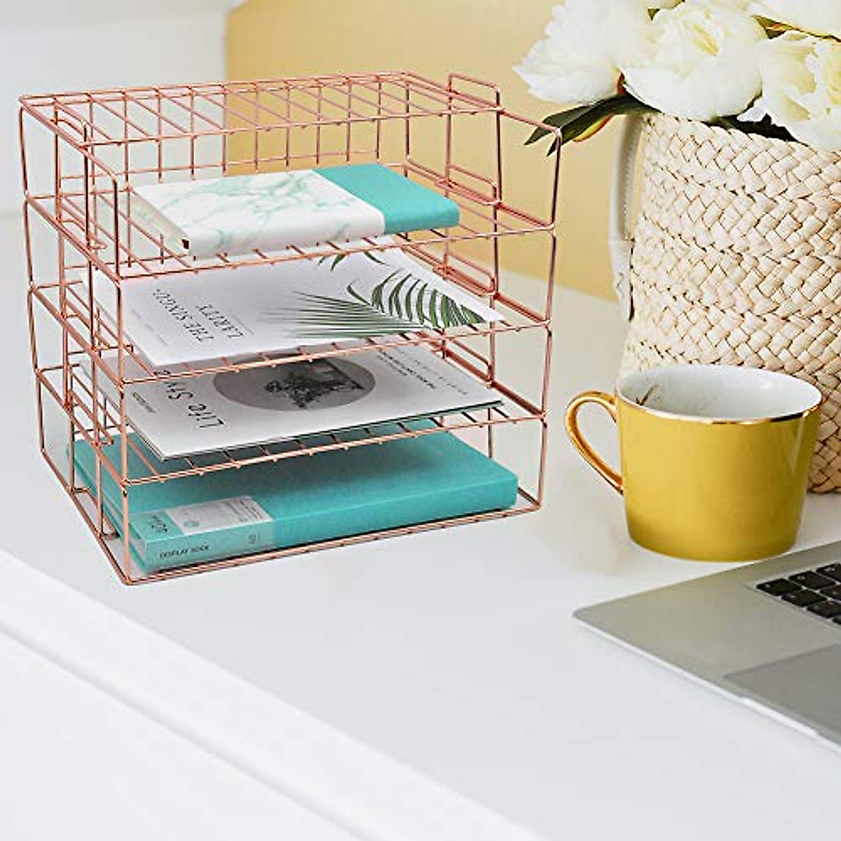 EASEPRES Rose Gold Letter Tray - 4 Tier Desk Organizer for Women, Stackable Paper Tray Organizer, File Organizer for Home Office Supplies, Desk Accessories