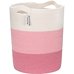 Sea Team Large Size Cotton Rope Woven Storage Basket with Handles, Laundry Hamper, Fabric Bucket, Drum, Clothes Toys Organizer for Kid's Room, 20 x 14 inches, Round Open Design, White & Pink