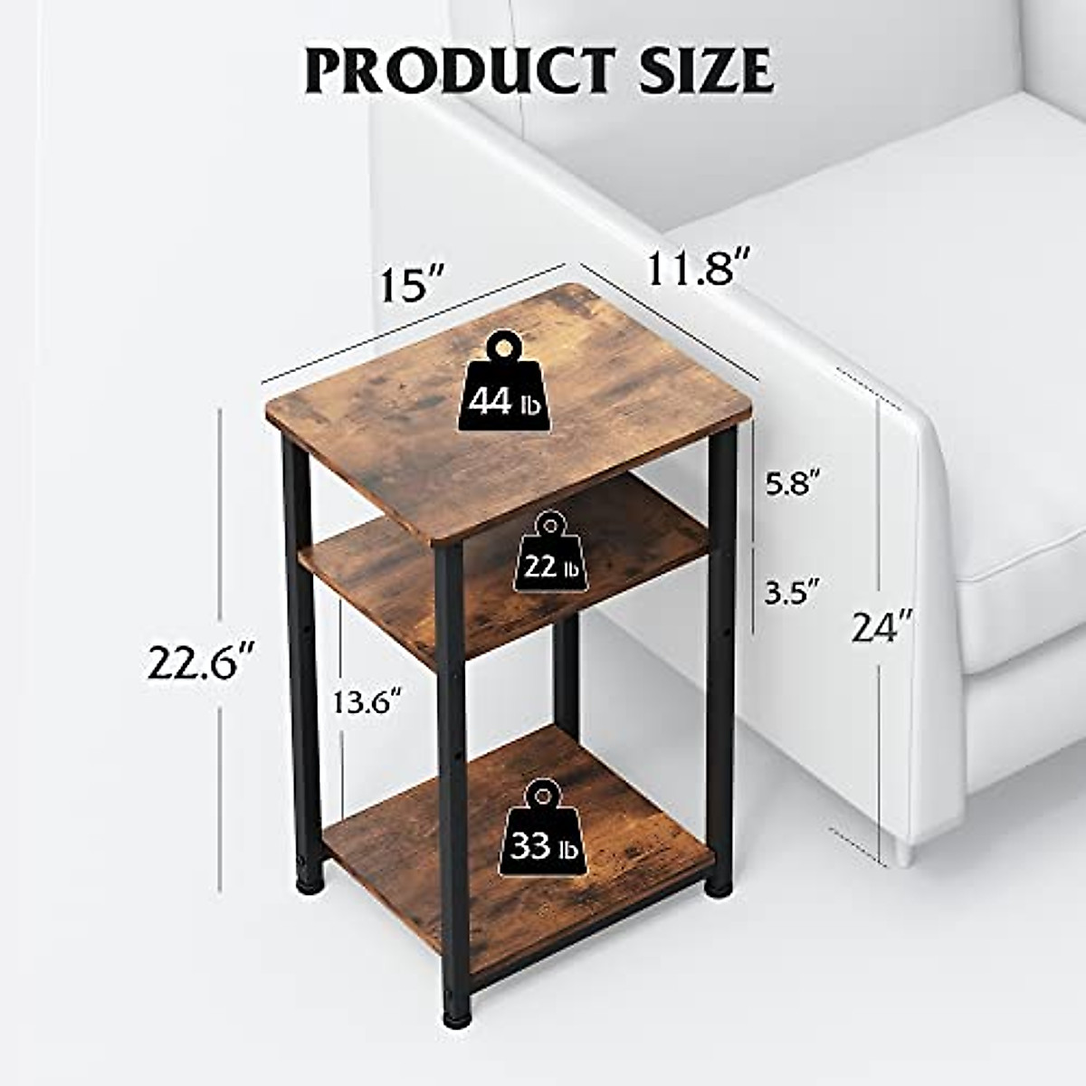 WLIVE Side Table, Small End Table, Adjustable 3-Tier Bedside Table with Sturdy Metal Frame, Tall Nightstand for Bedroom, Living Room, Sofa Table for Small Space (Rustic Brown, 1 Pack)