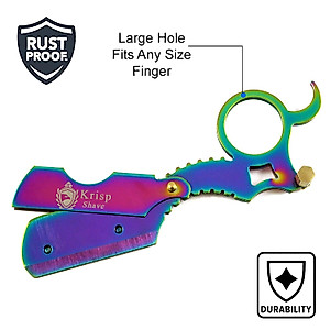 Professional Classic Straight Edge Barber Razor For Close Shaving -Salon Quality Men's Beard Cut Throat Finger Razor Shavette With 10 Shaving Blades By Krisp Shave (Titanium Multi-Color), 4.8 Inch