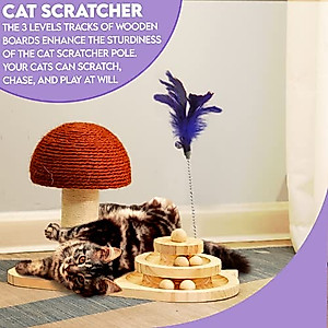 Paw Paw Babe 3 in 1 Cat Scratch Post - Wooden Base, Mushroom Sisal Post, Feather Stick - Cats Interactive Track Ball Toy - Cat Scratcher Toys for Indoor Fun