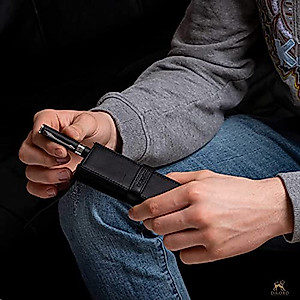 DiLoro Leather Double Pen Case Pencil Pouch Holder for Two Fountain Ballpoint Rollerball Pens and Pencils (Black)