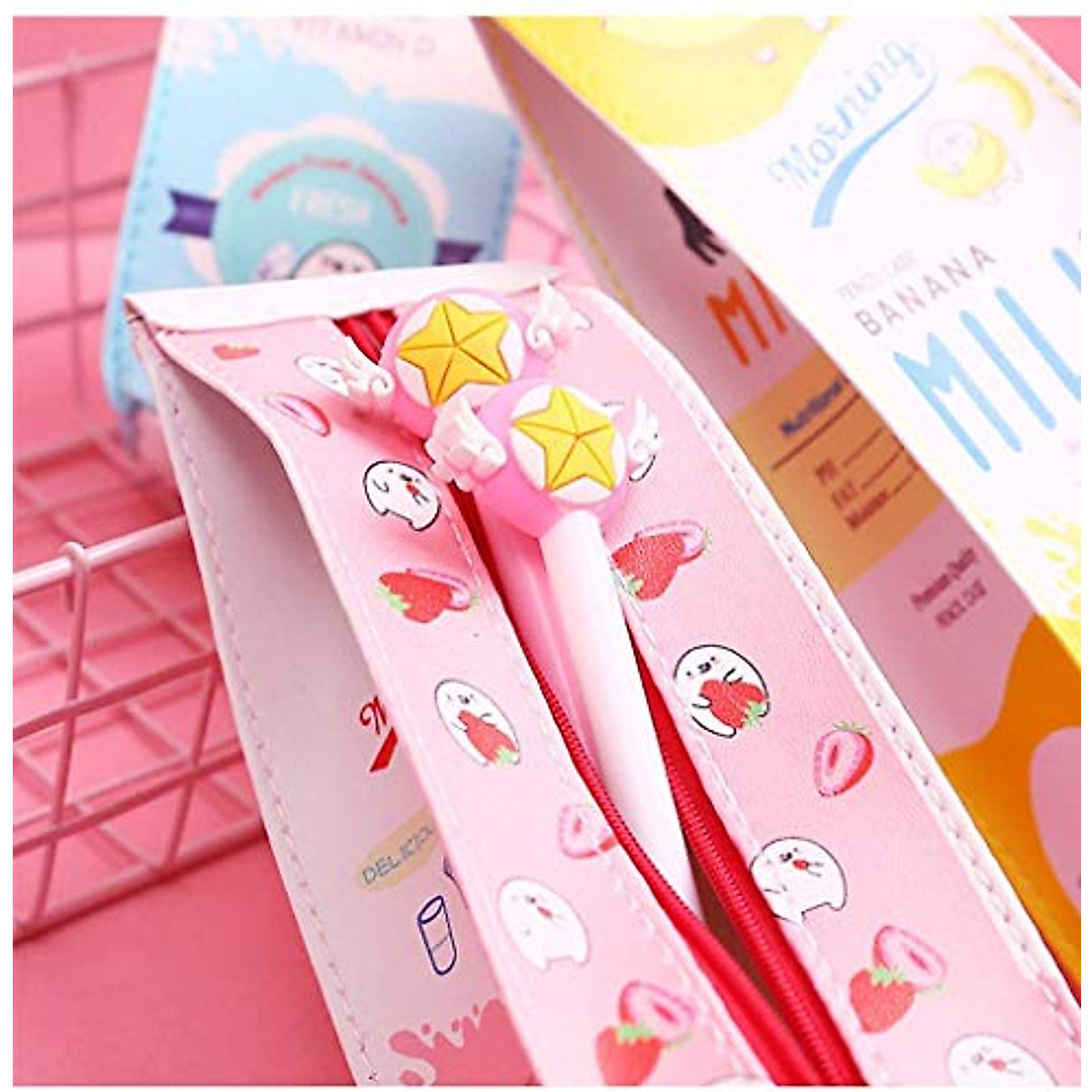 NYKKOLA Kawaii Set of 3 Milk Carton Pencil Cases Cosmetic Bag + 3 Carrot Gel Ink Pens