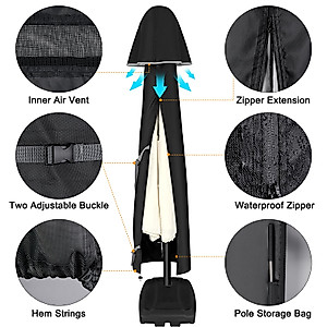 FIOBEE Patio Umbrella Cover for 9ft to 13ft Cantilevers Offset Umbrella or Market Umbrella 600D Waterproof Outdoor Parasol Cover with Rod Patio Furniture Covers, Black