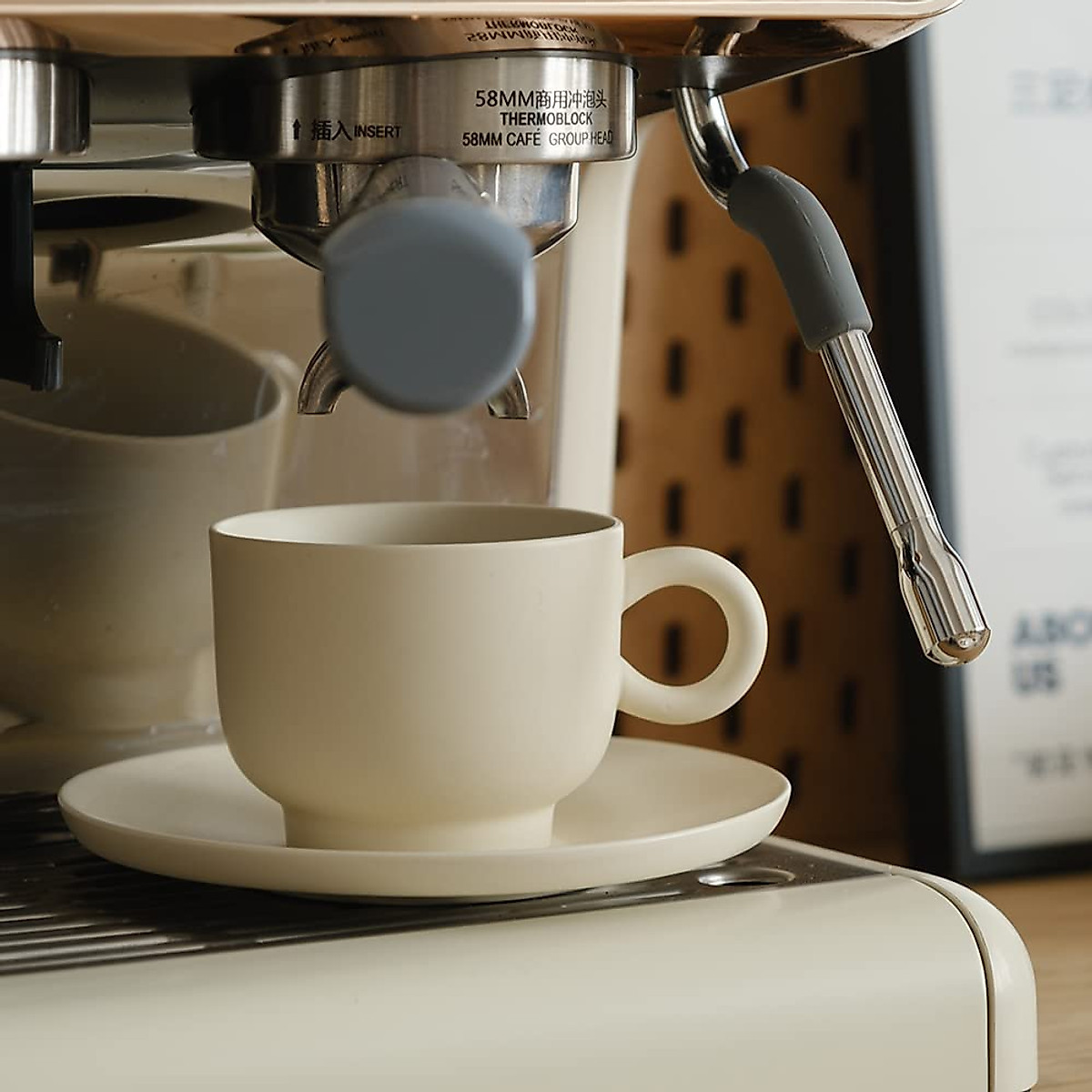 WENSHUO Cappuccino Cup, Round Retro Coffee Mug, Cup and Saucer Set, Matte Crème, 6.7 oz