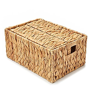 EZOWare Natural Water Hyacinth Baskets, Set of 3 Woven Wicker Rectangular Storage Organizer Bin Boxes with Handles for Closet Toys Clothes Kids Room Nursery - 2 Sizes