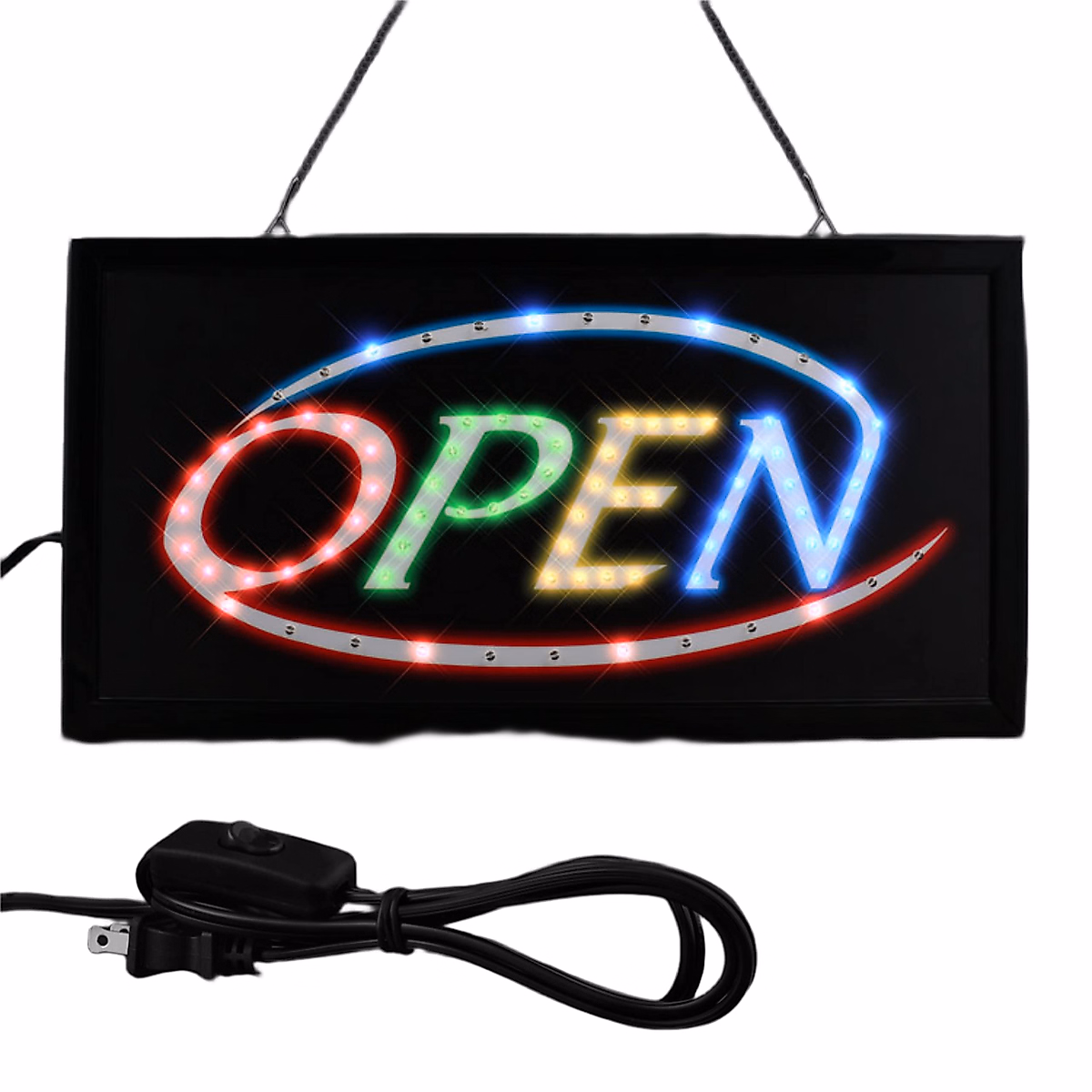 blinkee Multicolor LED Open Bar Sign - 19"x10" Flashing Neon Wall Mount with Chasing Lights & Steady Display - Includes Hanging Chain