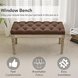 LOULENS French Vintage Bench, Linen Fabric Entryway Bench, Upholstered Tufted End of Bed Bench with Brushed Wood Legs, Brown