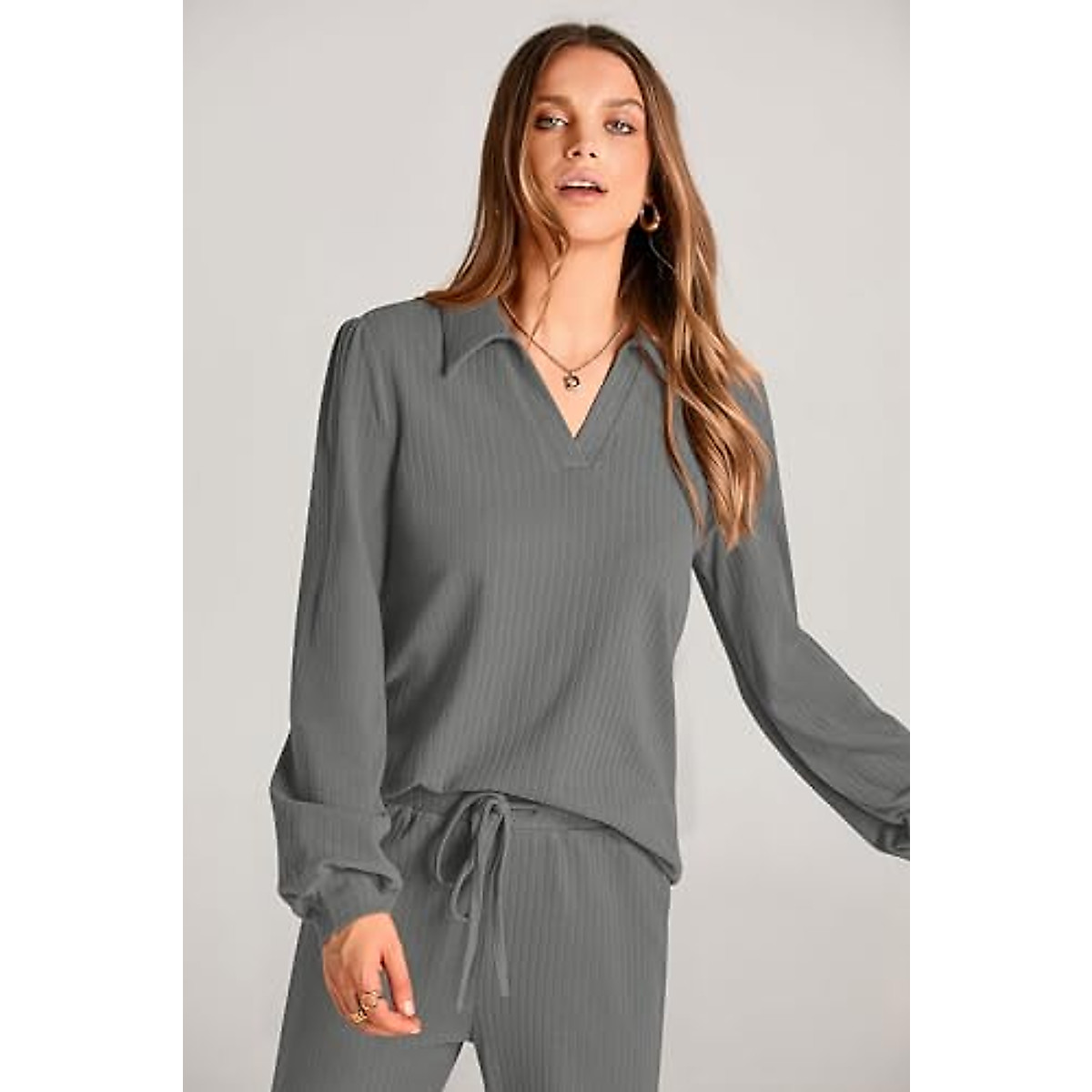 PRETTYGARDEN Women's Fall 2024 Two Piece Tracksuit Outfit Long Sleeve Lapel V Neck Tops Blouses Wide Leg Pants Matching Set (Grey,Large)