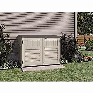 Suncast 5. 4 ft. x 3. 2 ft Horizontal Stow-Away Storage Shed - Natural Wood-like Outdoor Storage for Trash Cans and Yard Tools - All-Weather Resin, Hinged Lid, Reinforced Floor - Vanilla and Stoney