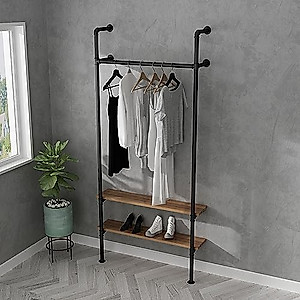 LANJIN Industrial Pipe Clothing Rack,Clothes Rack for Wardrobe, Bedroom and As Walk-in Closet System.Sturdy Clothing Racks for Hanging Clothes,Wall Mounted Heavy Duty Clothes Rack,Black B