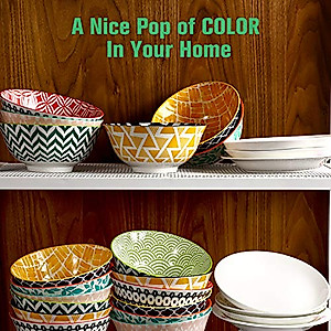 E-Gtong Ceramic Cereal Bowl 24 OZ, Porcelain Bowls Set of 6,Assorted Colorful Ceramic Bowl for Soup, Pasta, Salad and Rice, Microwave & Dishwasher Safe