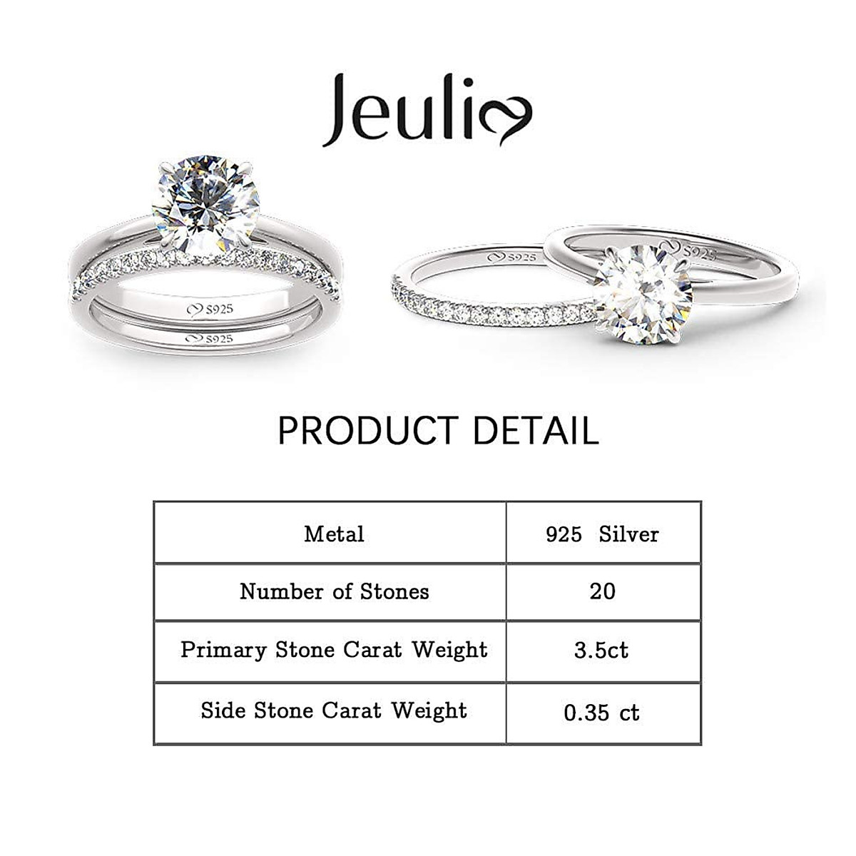 Jeulia 3.5ct Sterling Silver Wedding Ring Bridal Sets Classic Round Cut Anniversary Promise Jewelry with 0.35 ct Side Stone Brilliant Solitaire Band for Her with Gift Box (White, 9.5)