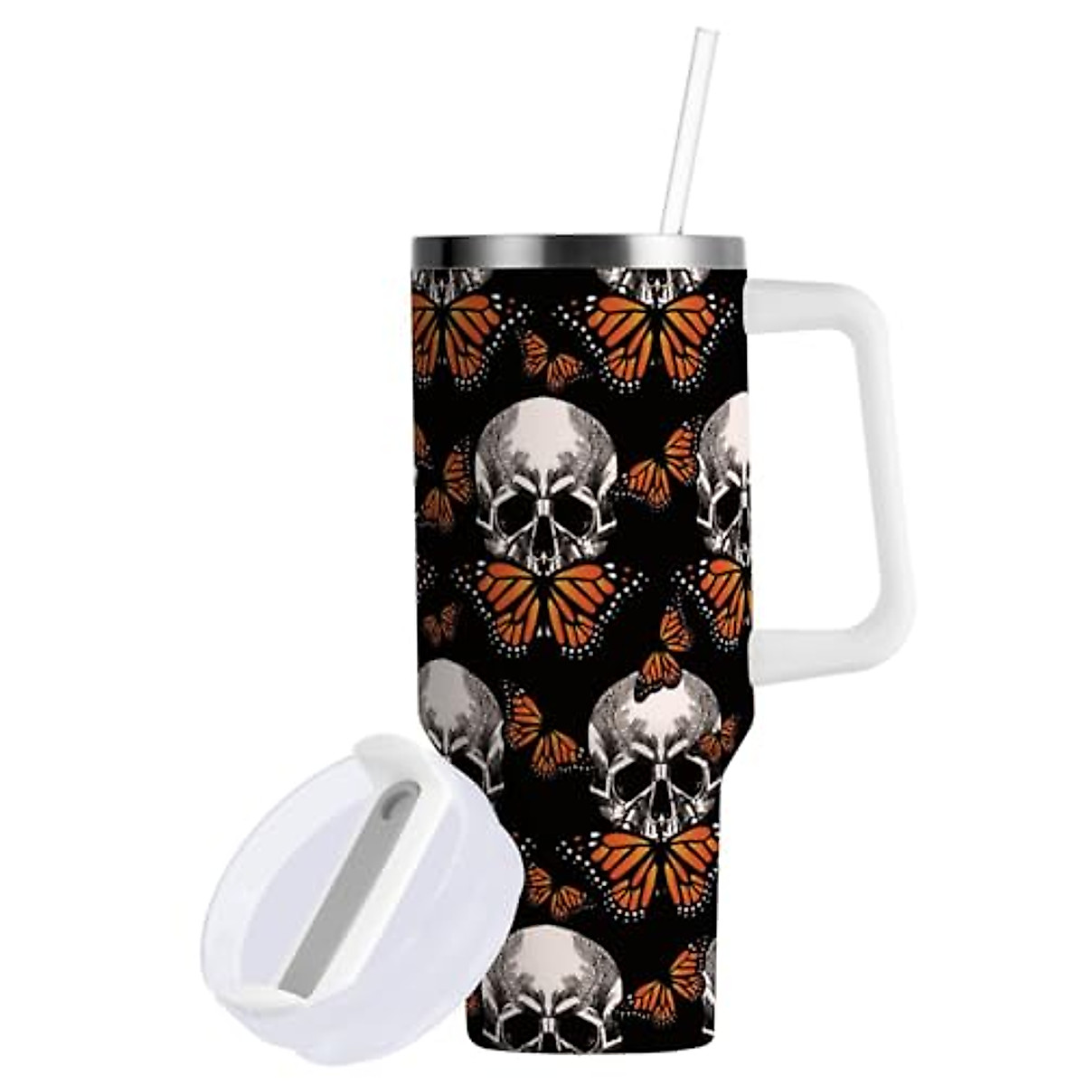 Slewiaeky Tumbler with Handle 40 oz Skull Butterfly Orange Travel Mug with Lid and Straw Stainless Steel Vacuum Insulated Water Bottle Cup for Iced Tea Coffee Cold Beverages Cup Holder Friendly