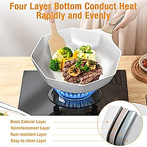 ITSMILLERS Ceramic Nonstick Octagonal Wok 12.5 inch Die-cast Induction Woks and Stir Fry Pans with Glass Lid PFOA Free (Cream White)