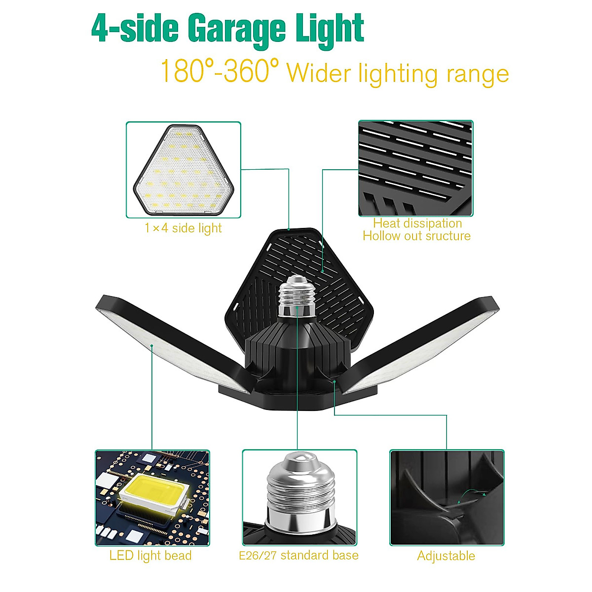 STODER Garage Lights Ceiling LED Adjustable Angles 120W 12000 Lumens 6500K Daylight Deformable Garage Ceiling E26/E27 Light Suitable for Garage Shop Basement Workshop (2Pack)
