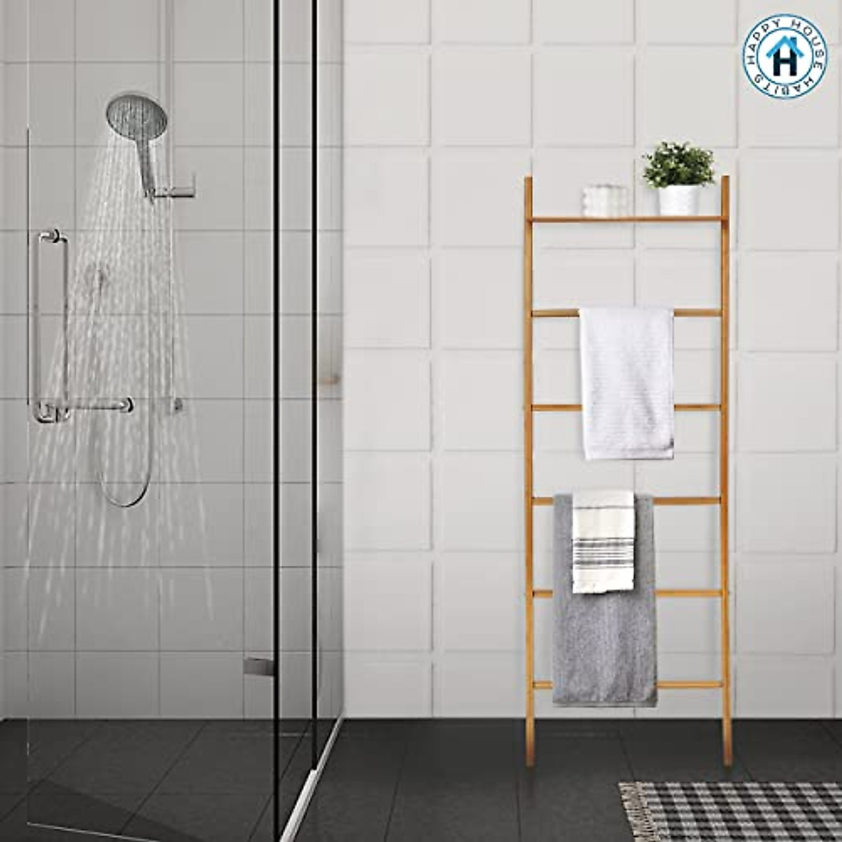 Happy House Habits Blanket Ladder, 5-Tier Towel Rack, Wall-Leaning Blanket Rack, Decorative Display Ladder Shelf, Living Room, Bedroom, Durable Decorative Ladder for Blankets with Additional Shelf