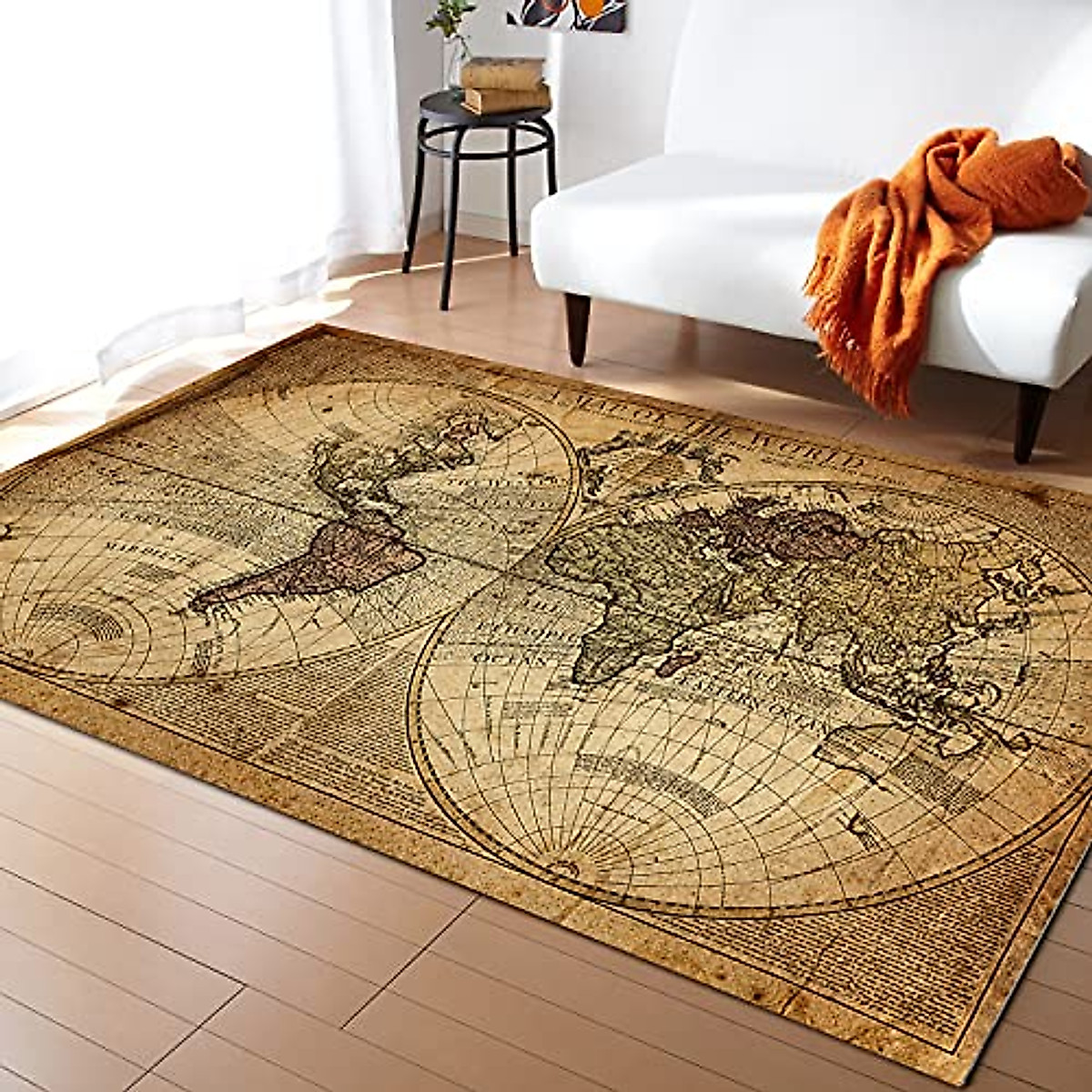 Large Modern Area Rug Contemporary Accent Throw Rug for Living Room, World Map Worldwide Oval Retro Nautical Kraft Background Anti Fatigue Non Slip Floor Carpet Comfort Standing Mat