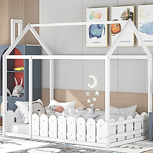 Montessori Bed Frame Twin Size/House Bed Frames, House Floor Bed for Kids, Montessori Floor Bed with Fence, Door and Chimney, White